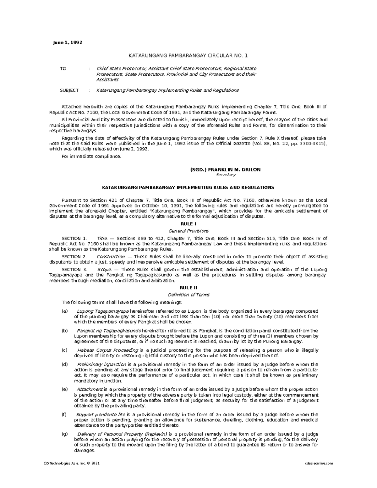 Open KP IRR 2 - KP IRR - June 1 , 1992 KATARUNGANG PAMBARANGAY CIRCULAR ...