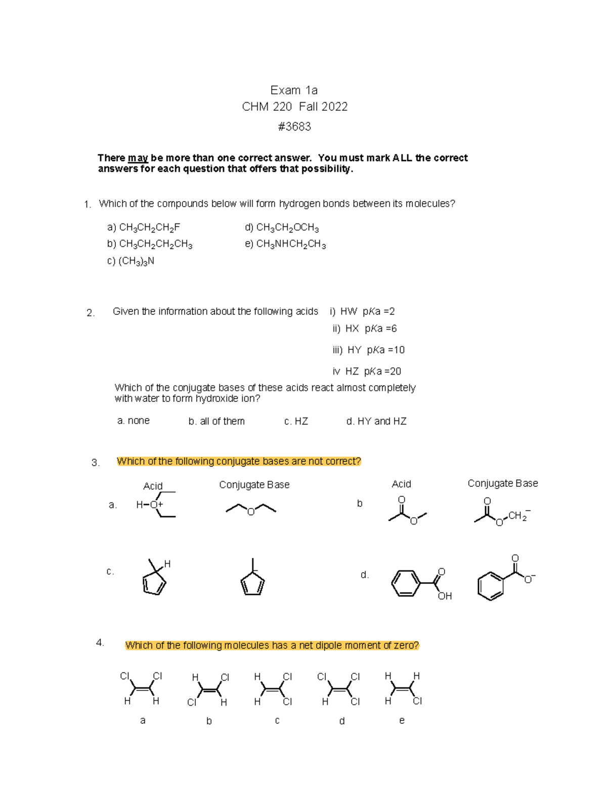 Practice Exam 1a copy - Organic Chem exam 1 - Exam 1a CHM 220 Fall 2022 ...