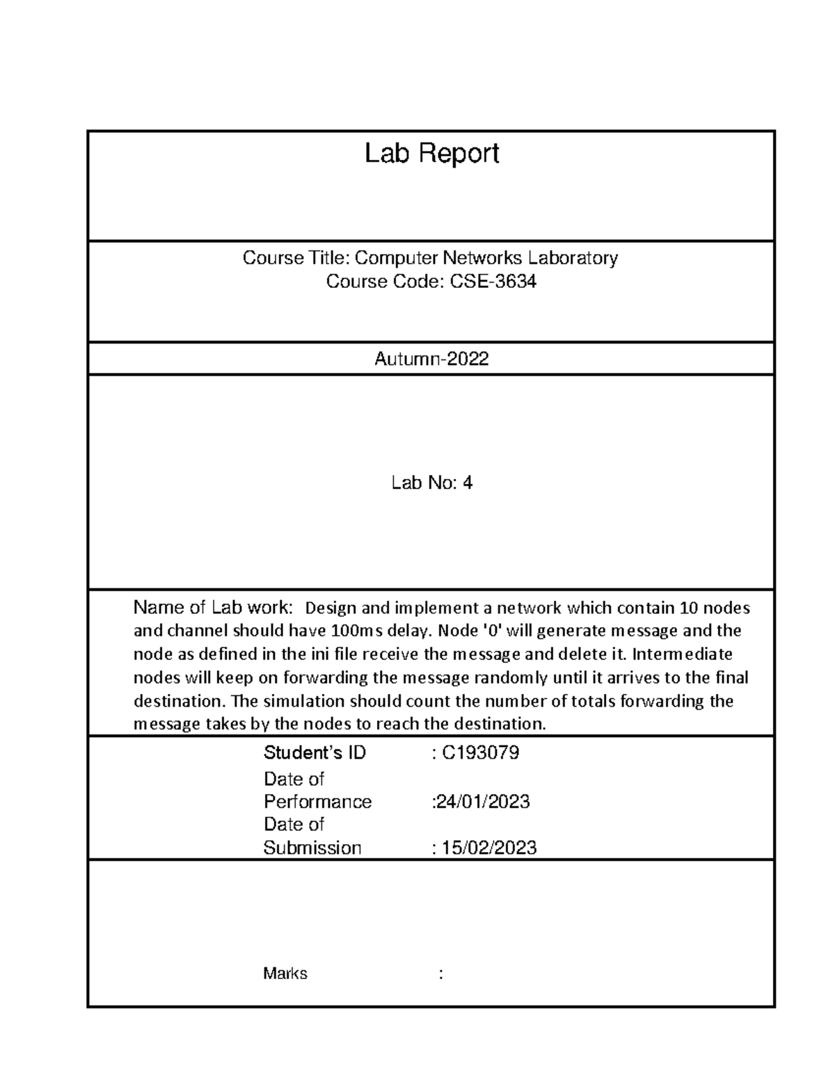 C193079 - Lab Report Course Title: Computer Networks Laboratory Course Code: CSE- Autumn- Lab No ...