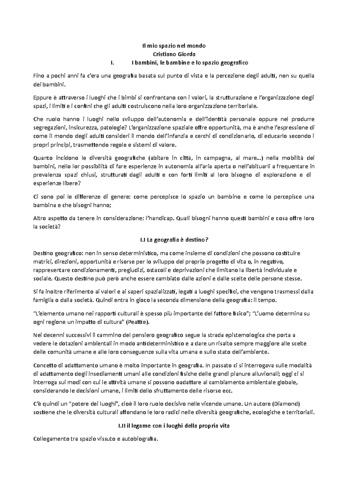 Riassunto Il mio spazio nel mondo - Il mio spazio nel mondo Cristiano ...