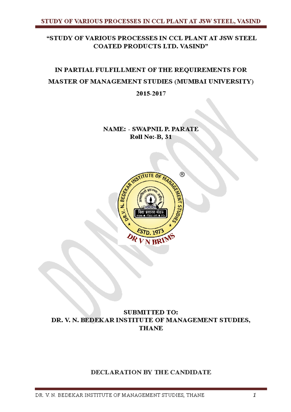 Pdfslide - sdfa - “STUDY OF VARIOUS PROCESSES IN CCL PLANT AT JSW STEEL COATED PRODUCTS LTD ...