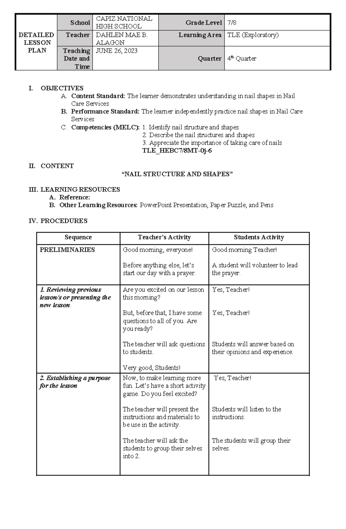 Lesson PLAN TLE 1 - I. OBJECTIVES A. Content Standard: The learner ...