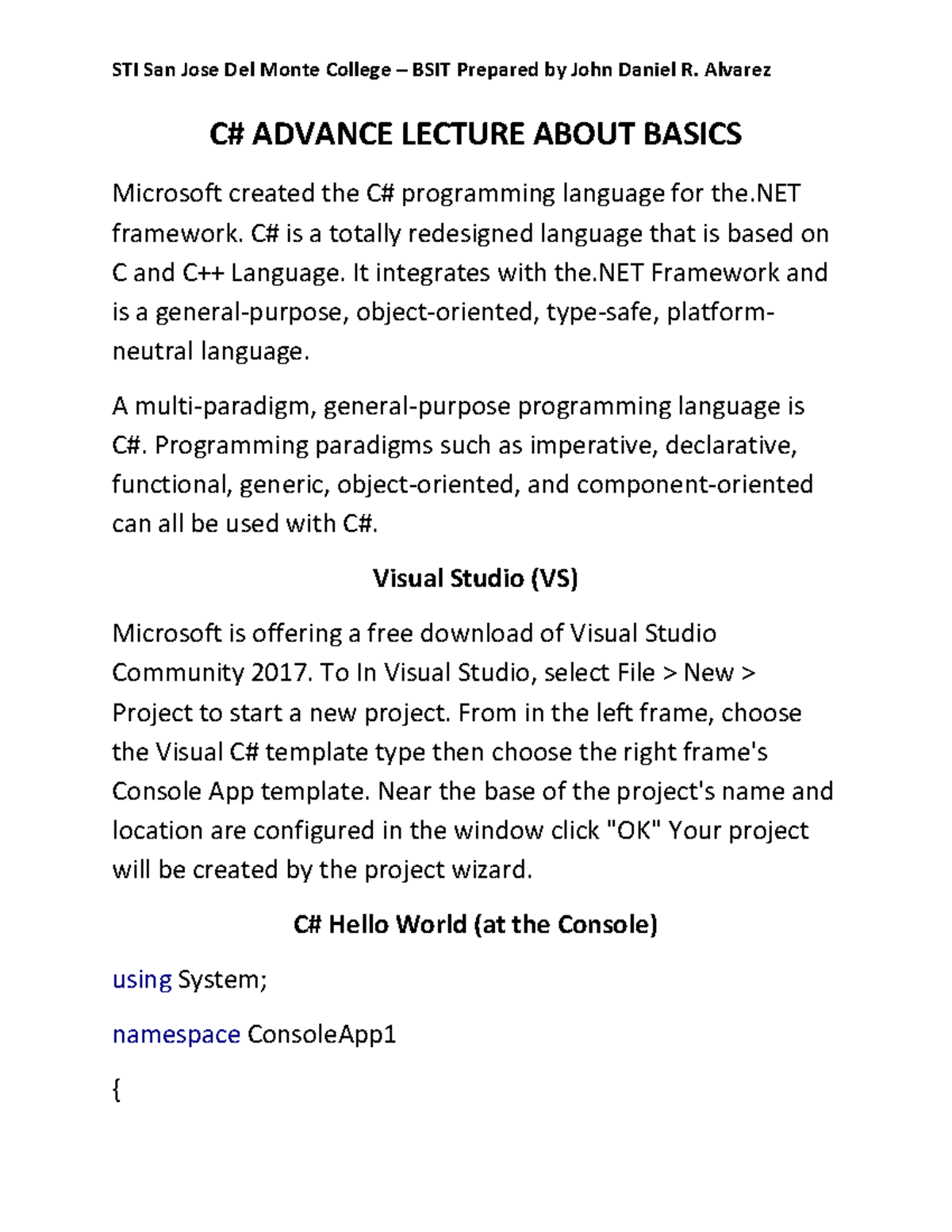 C Sharp Advance Lecture About Basics C Advance Lecture About Basics Microsoft Created The C
