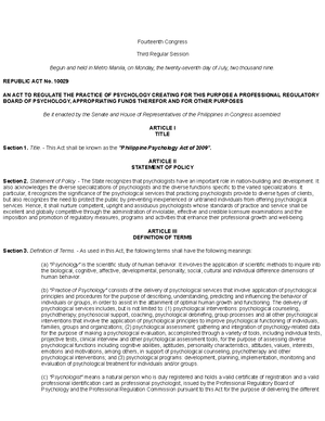 RA 10029 AND RA 11036 - STUDY WELL - REPUBLIC ACT NO. 10029 ...