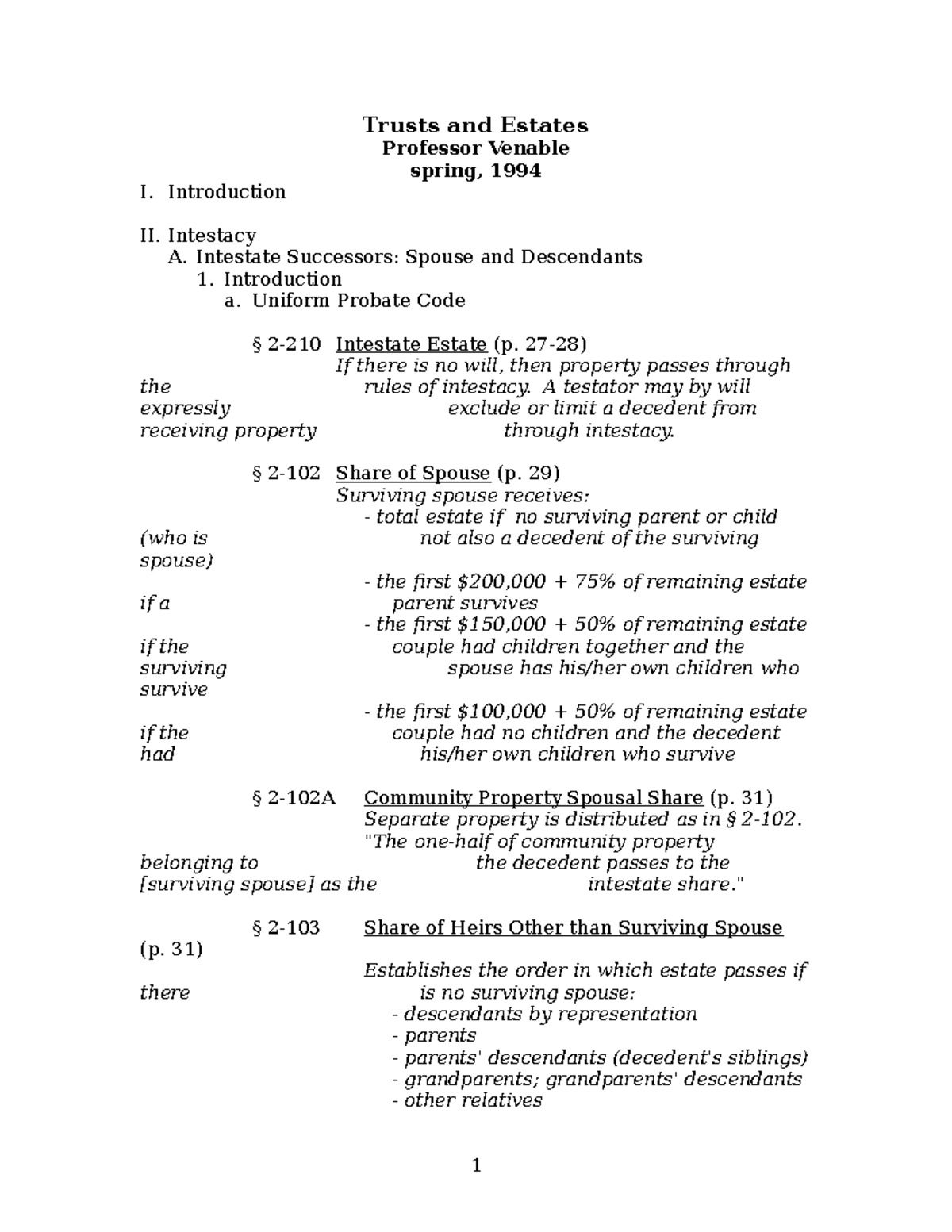 Venable s94 - Notes - Trusts and Estates Professor Venable spring, 1994 ...