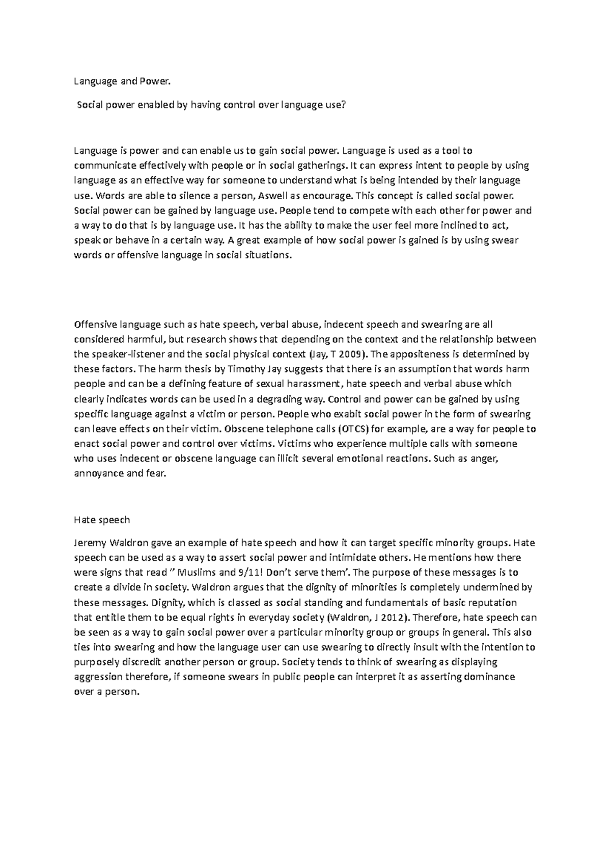 Language and Power - 2 - writing task 3 - Language and Power. Social ...