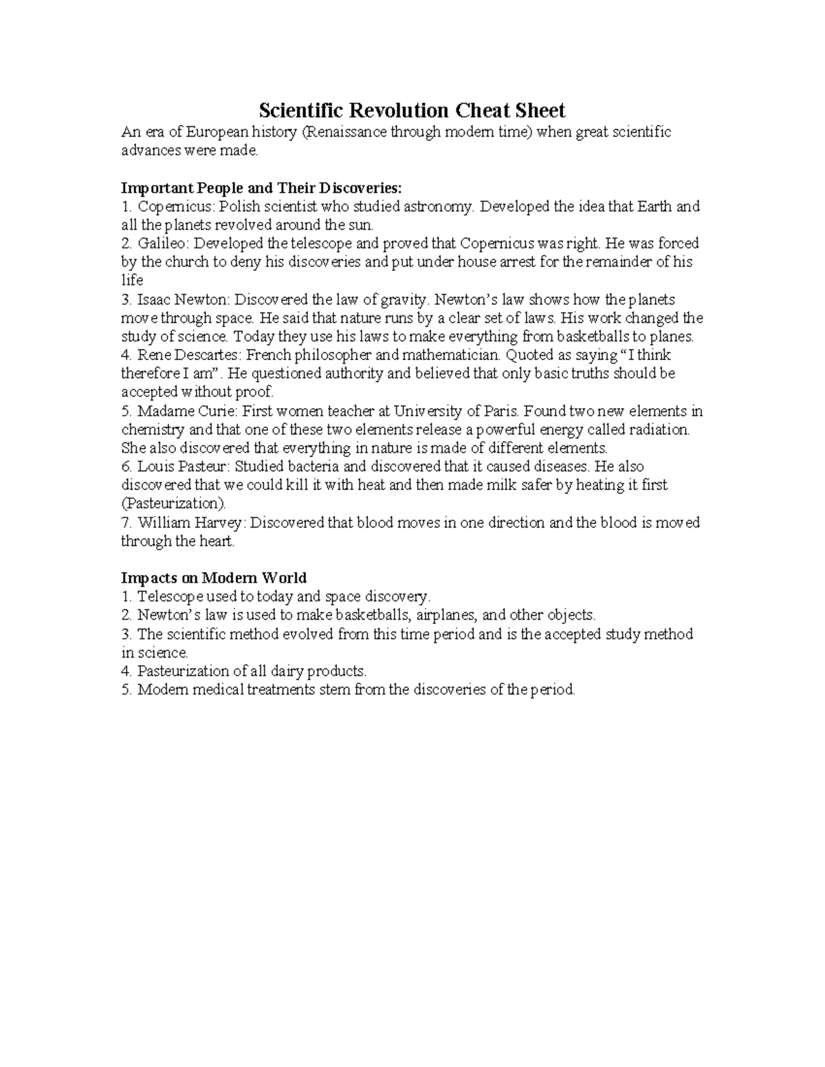 Scientific Revolution Cheat Sheet - Important People and Their ...