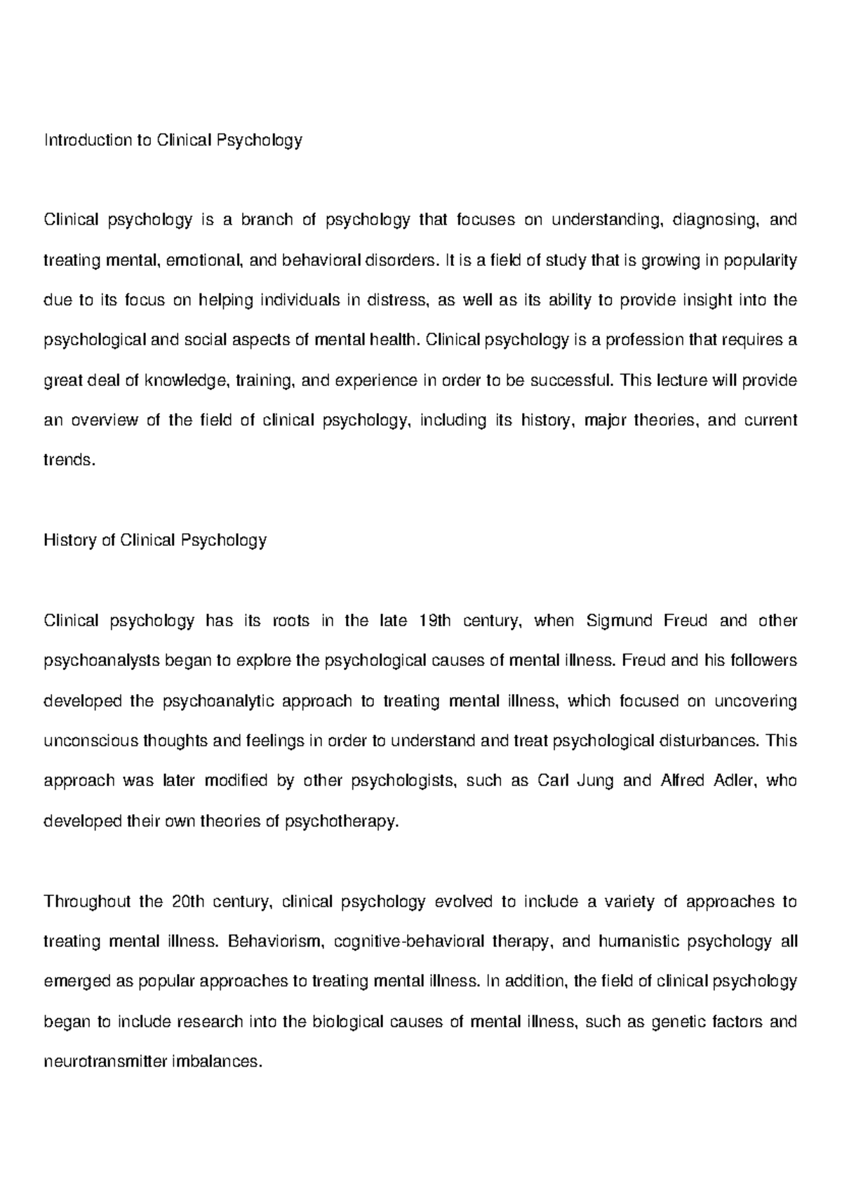 Clinical Psychology - Introduction to Clinical Psychology Clinical ...