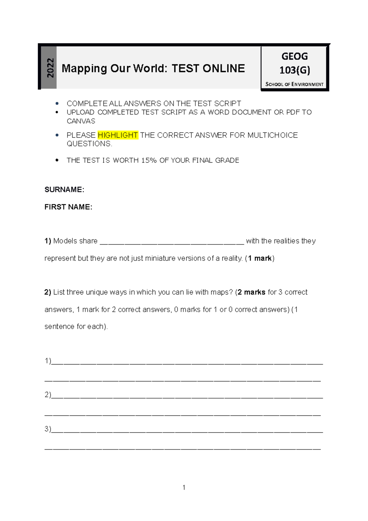 301 Test SS 2022 - assign - 2022 Mapping Our World: TEST ONLINE GEOG ...