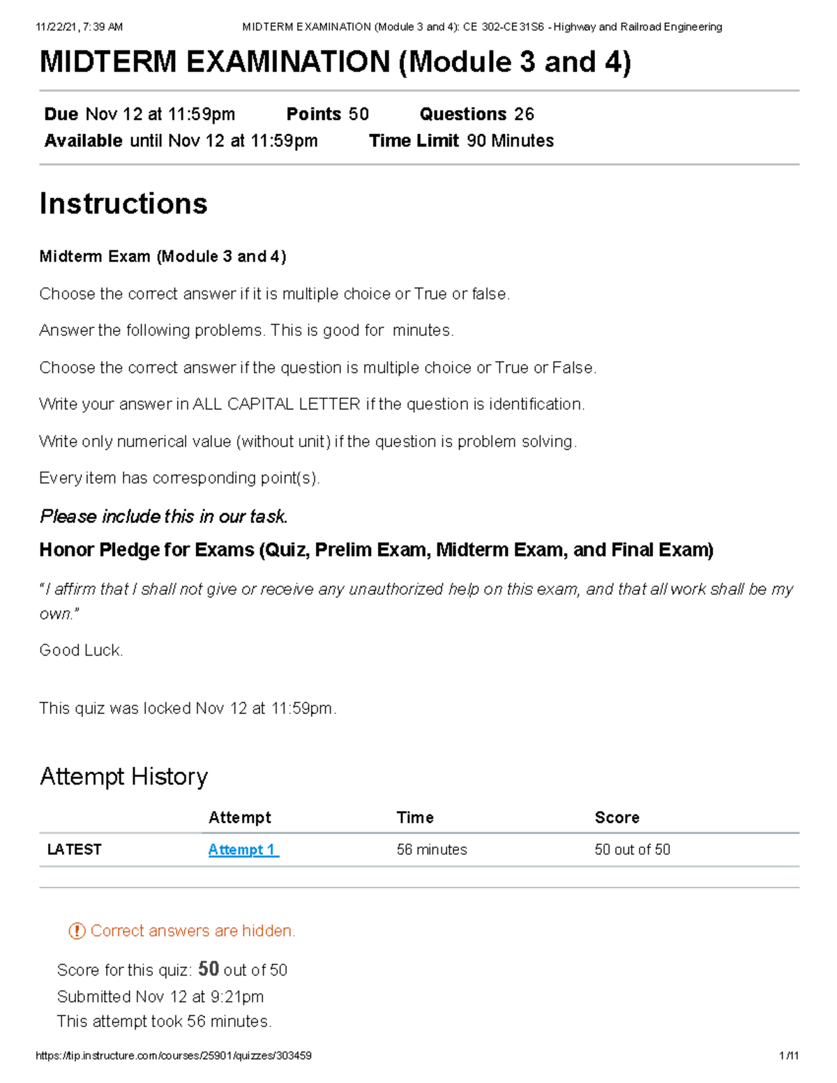 Midterm Examination Module 3 and 4 CE 302 CE31S6 Highway and Railroad Engineering - MIDTERM ...