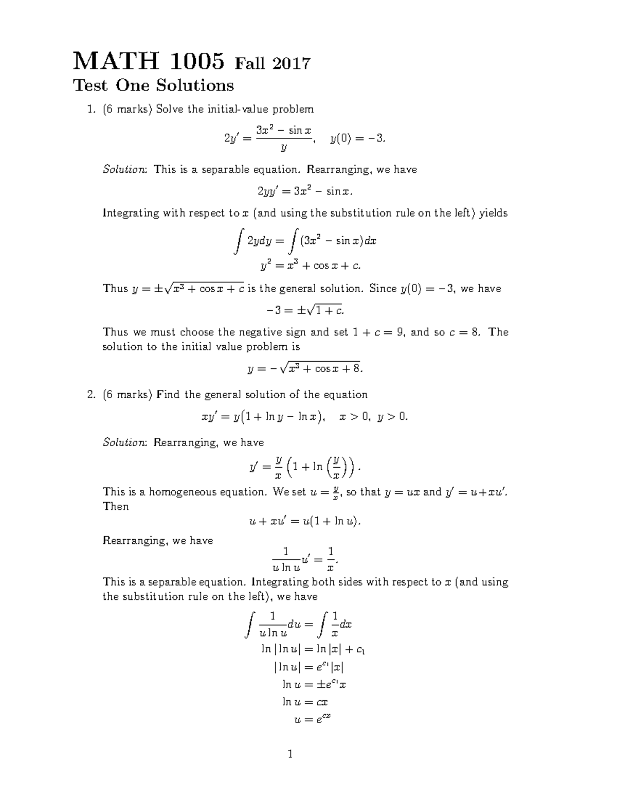 Test 2017, questions and answers - MATH 1005 Fall 2017 Test One ...