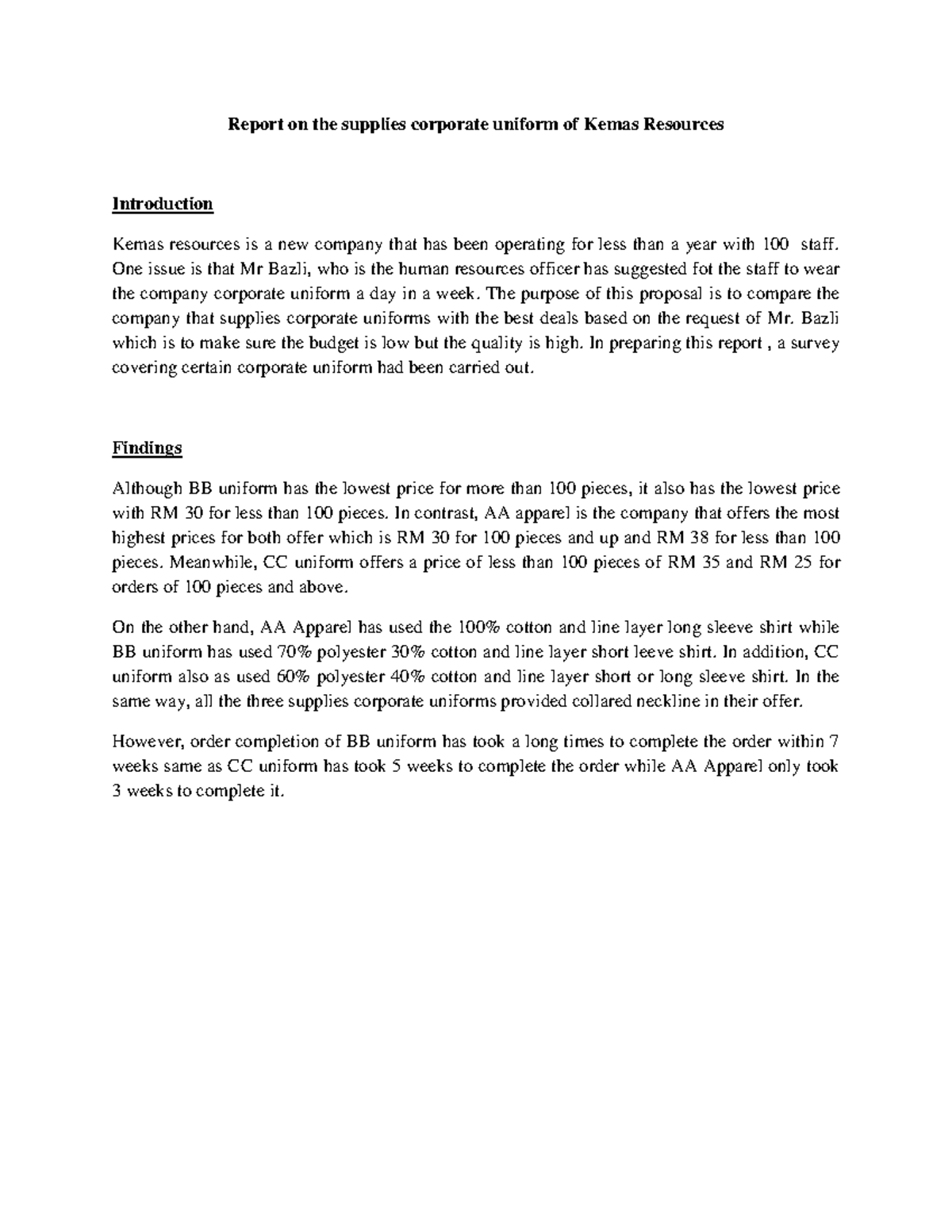 Bussiness Report - ENGLISH MATERIALS - Report on the supplies corporate ...