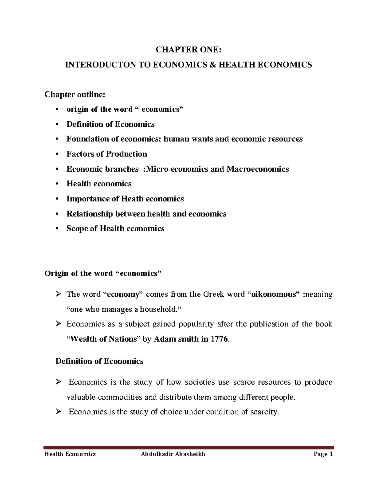 Health Economics Course NOTE - CHAPTER ONE: INTERODUCTON TO ECONOMICS ...
