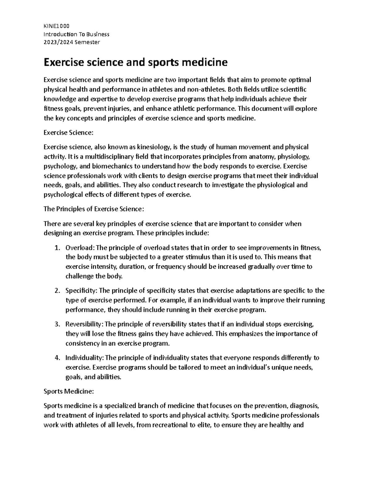 Exercise science and sports medicine - KINE Introduction To Business ...