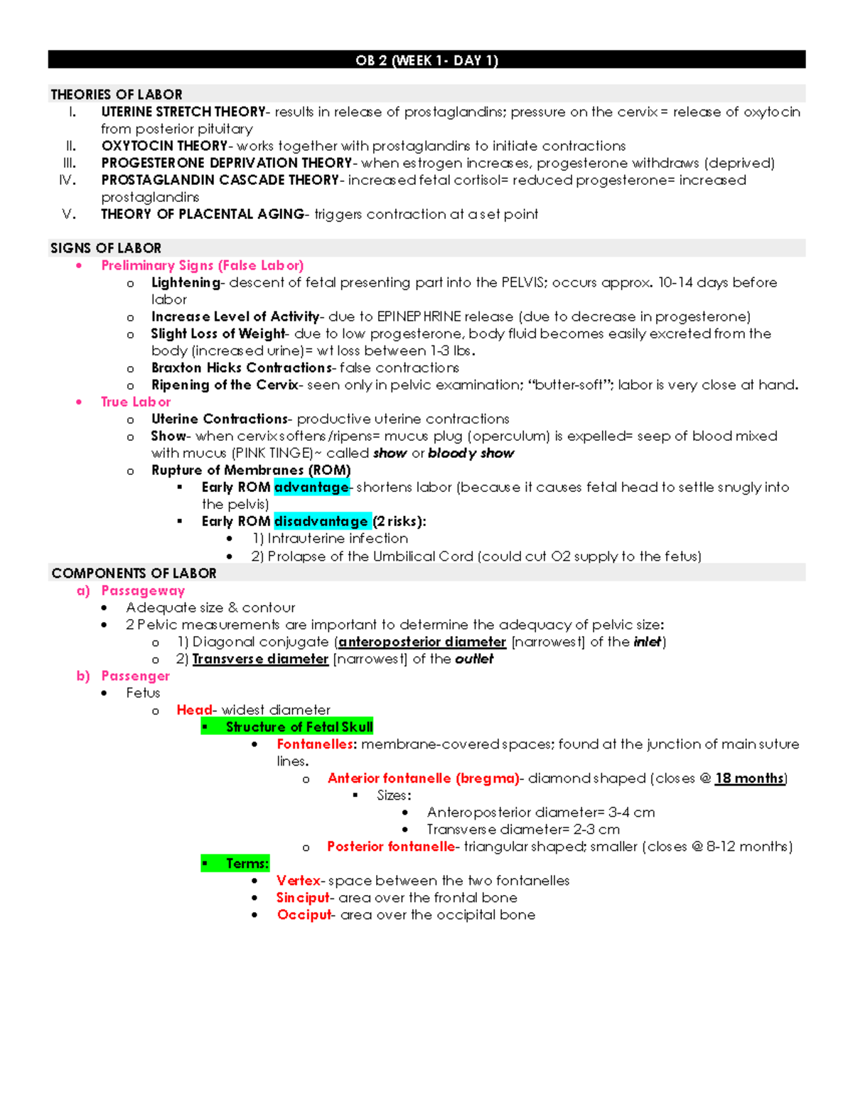OB - Mother and Baby - OB 2 (WEEK 1- DAY 1) THEORIES OF LABOR I ...