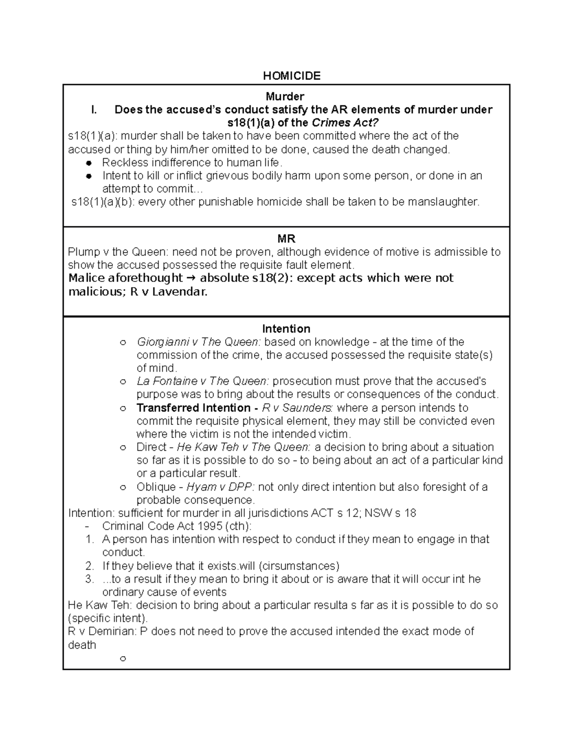 Homicide - Notes - HOMICIDE Murder I. Does the accused’s conduct ...