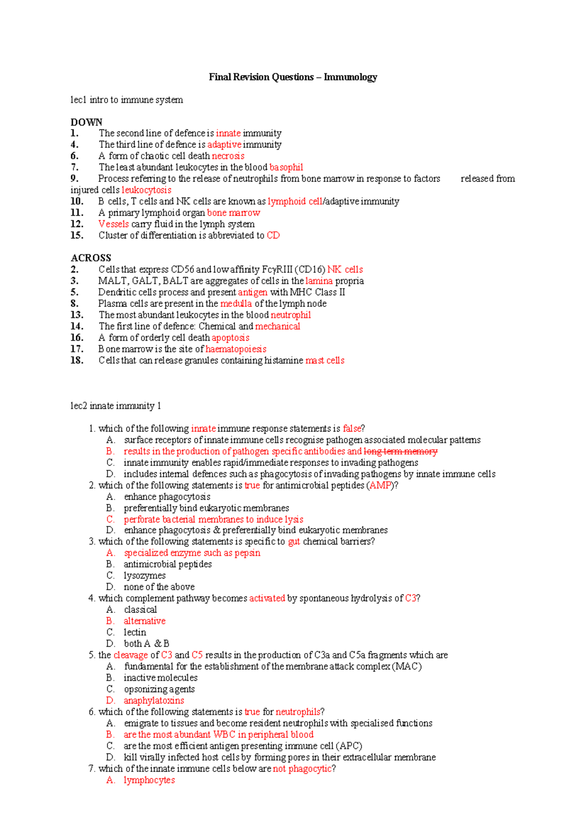 Final Revision Questions - Immunology - Final Revision Questions ...