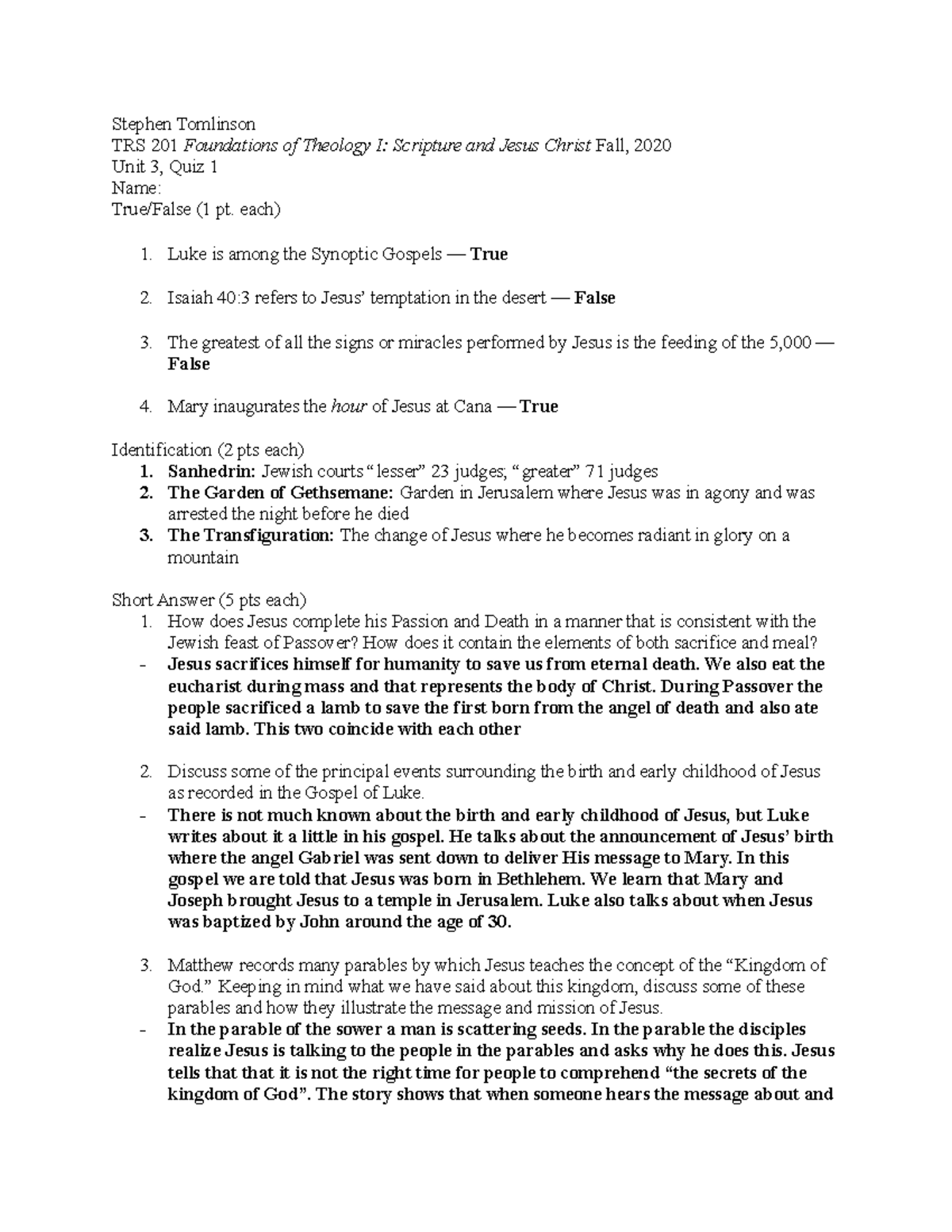 Quiz 3 - quiz notes - Stephen Tomlinson TRS 201 Foundations of Theology ...