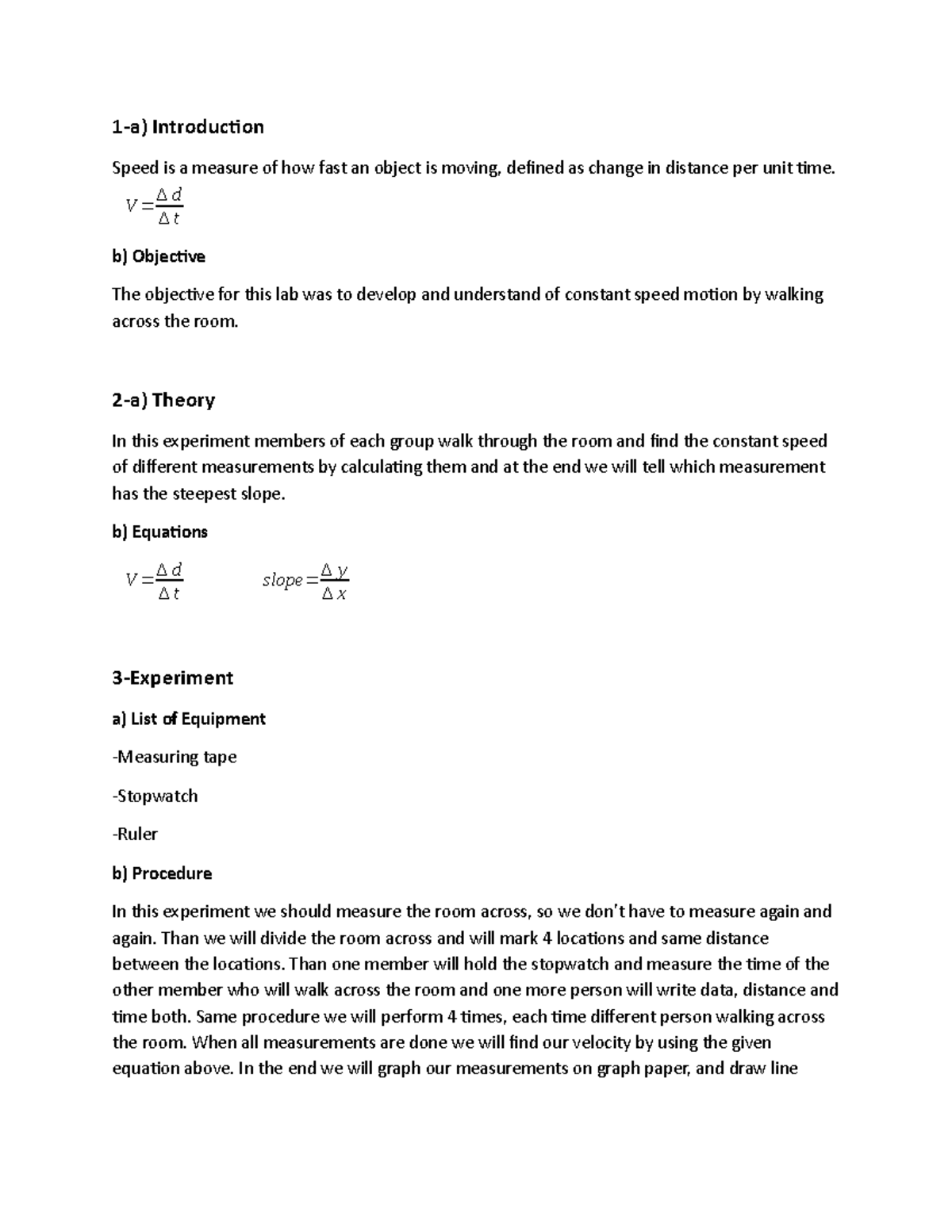 Ph-101 lab#4 - Lab report - Introduction Speed is a measure of how fast ...