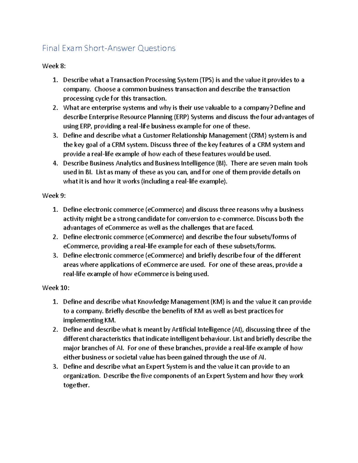 Final Review Questions - Final Exam Short-Answer Questions Week 8: 1 ...