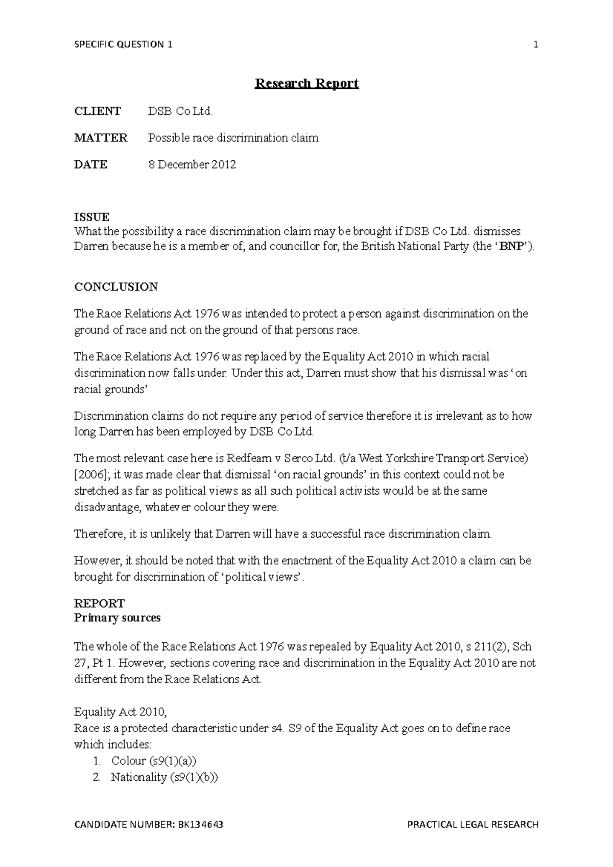 Specific question answer - SPECIFIC QUESTION 1 1 Research Report CLIENT ...