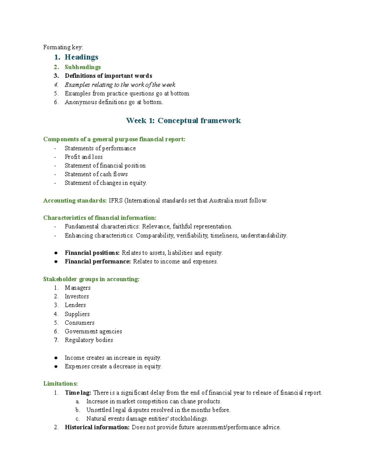 Accounting reports and analysis notes - Formating key: 1. Headings 2 ...