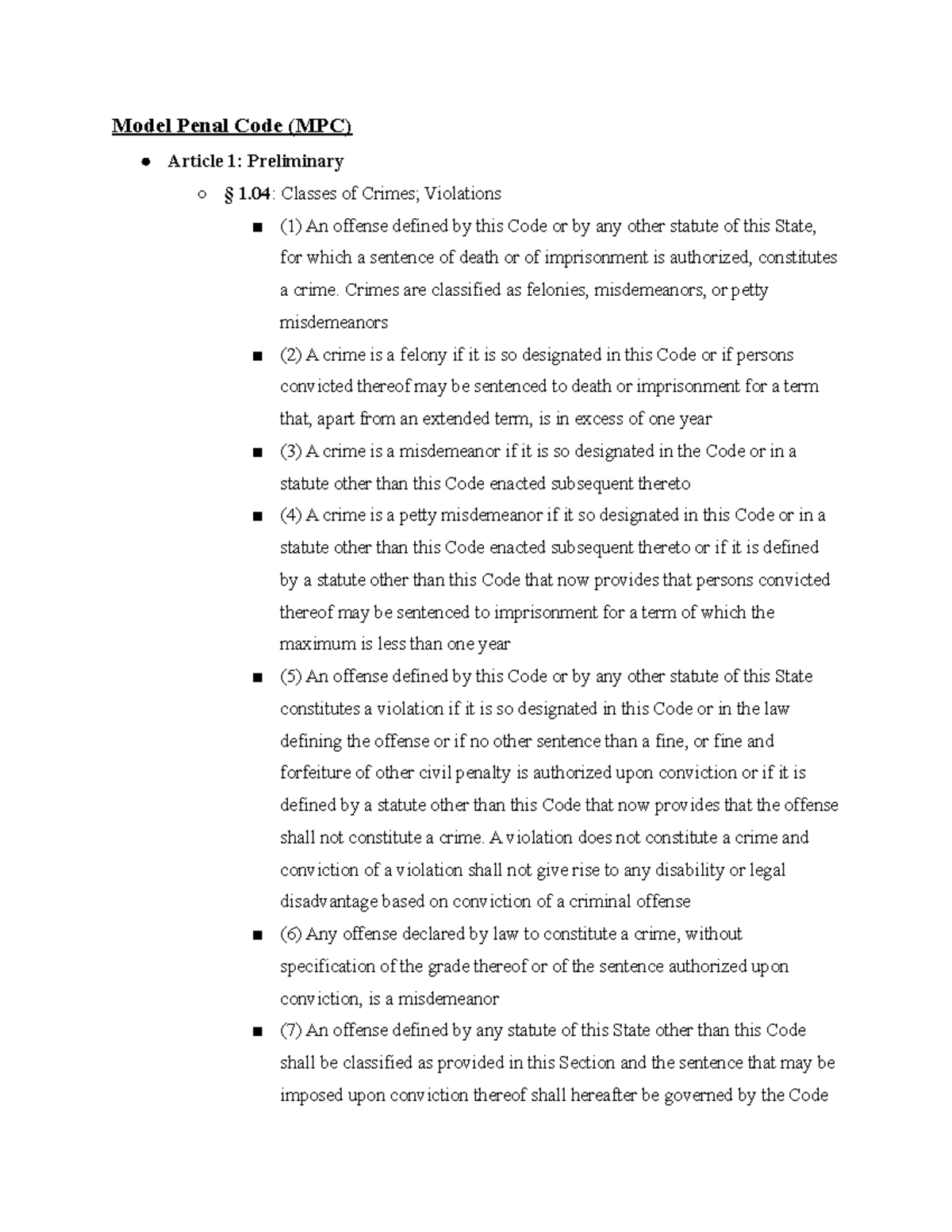 Crim Law 2022- MPC - Professor Hanan - Model Penal Code (MPC) Article 1 ...
