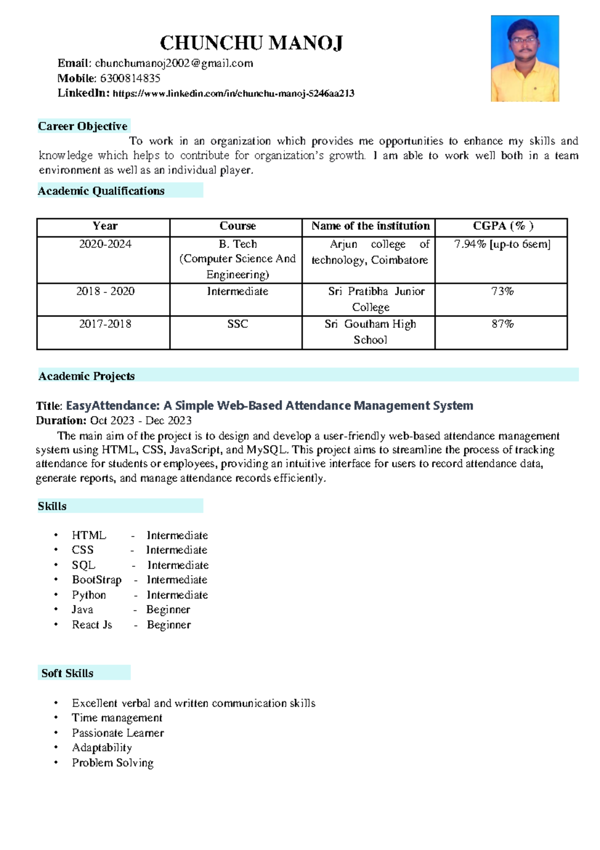 Manoj Chunchu new resume - CHUNCHU MANOJ Email: chunchumanoj2002@gmail Mobile: 6300814835 ...