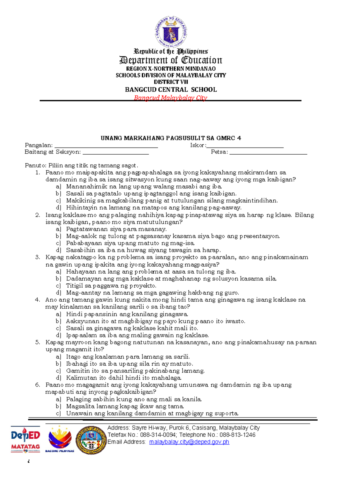 GMRC 1st Periodical Test - Department of Education REGION X-NORTHERN ...