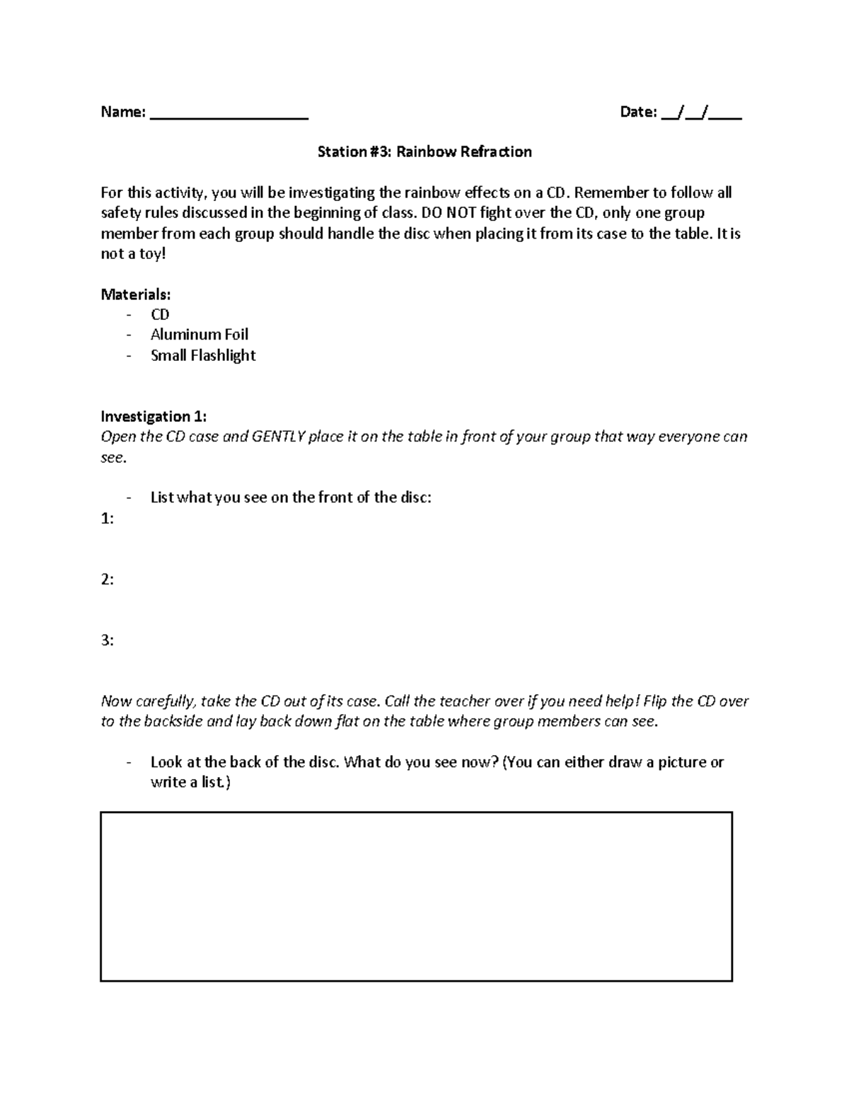 Station 3 "rainbow refraction" - Name: ___________________ Date: //____ Station #3: Rainbow ...