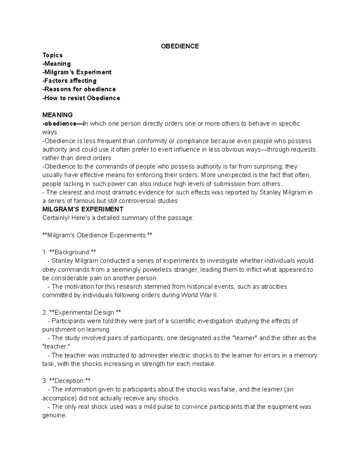 Obedience - OBEDIENCE Topics -Meaning -Milgram’s Experiment -Factors ...