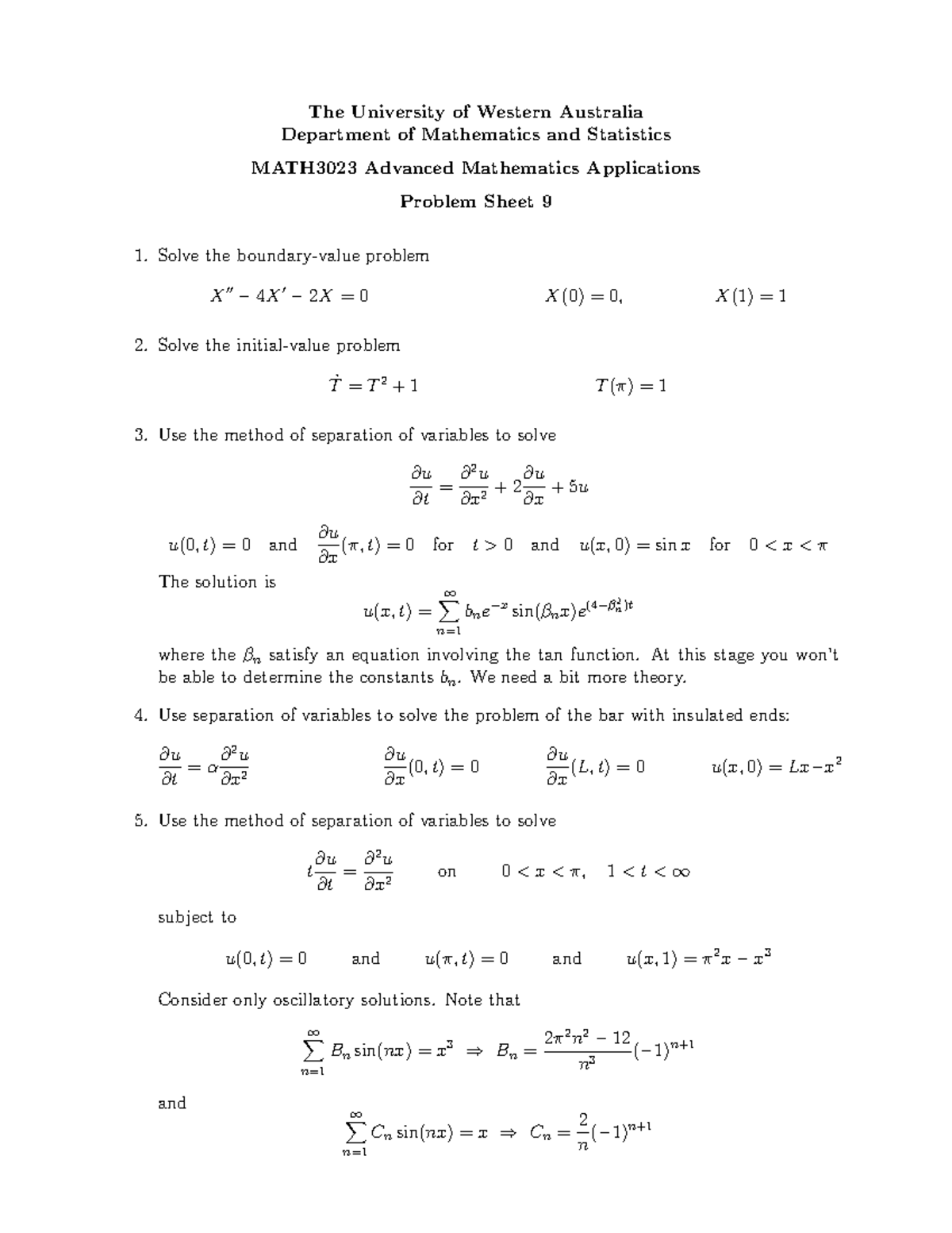 Problem Sheet 9 - Practice Solutions - The University of Western ...