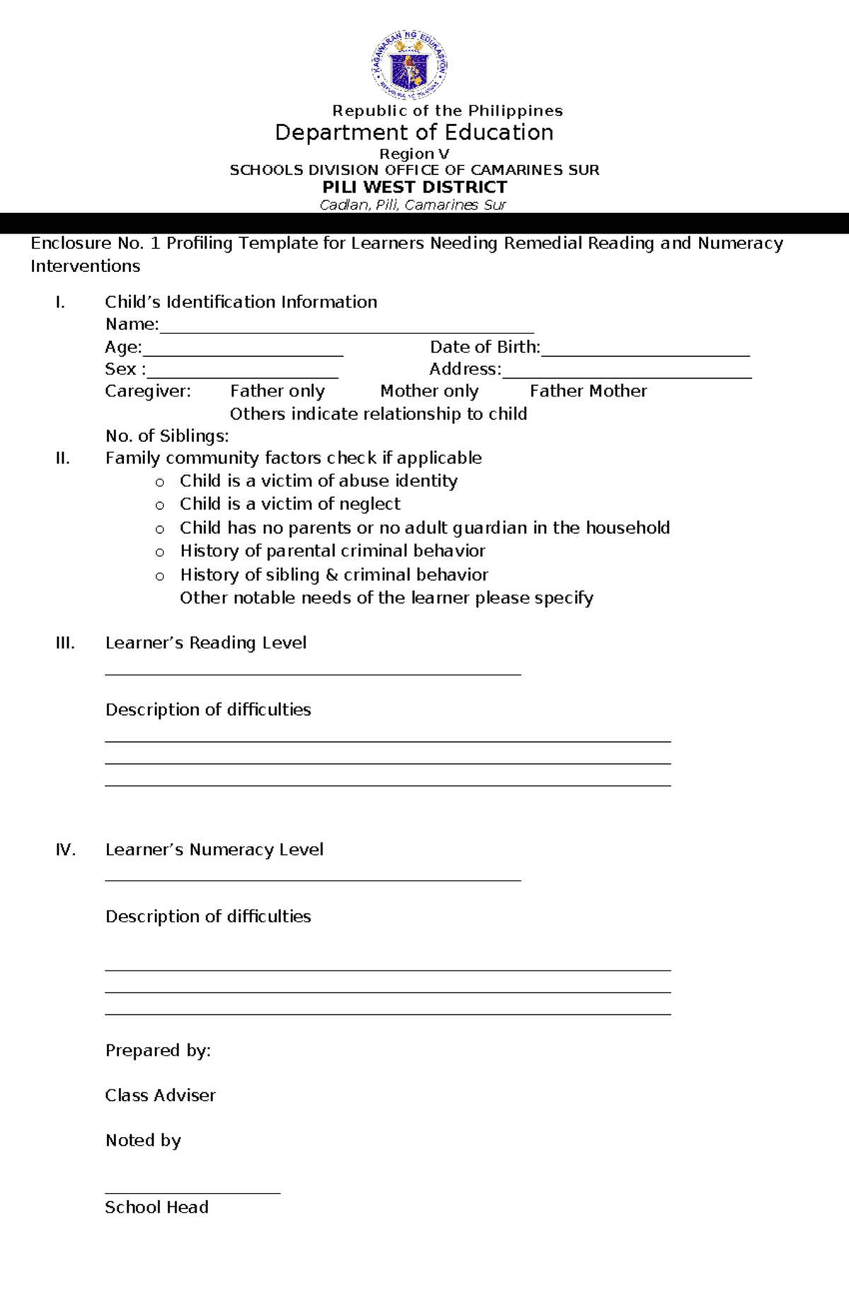 Profiling- Template - Republic of the Philippines Department of ...