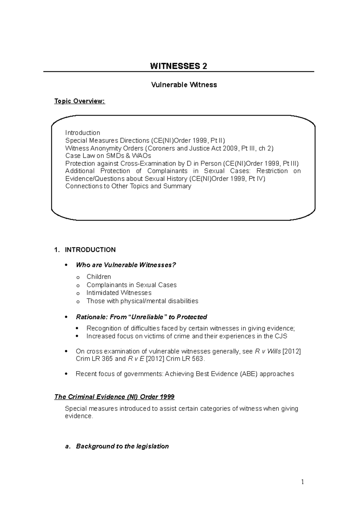 Witnesses 2 Handout - law of evidence - WITNESSES 2 Vulnerable Witness ...