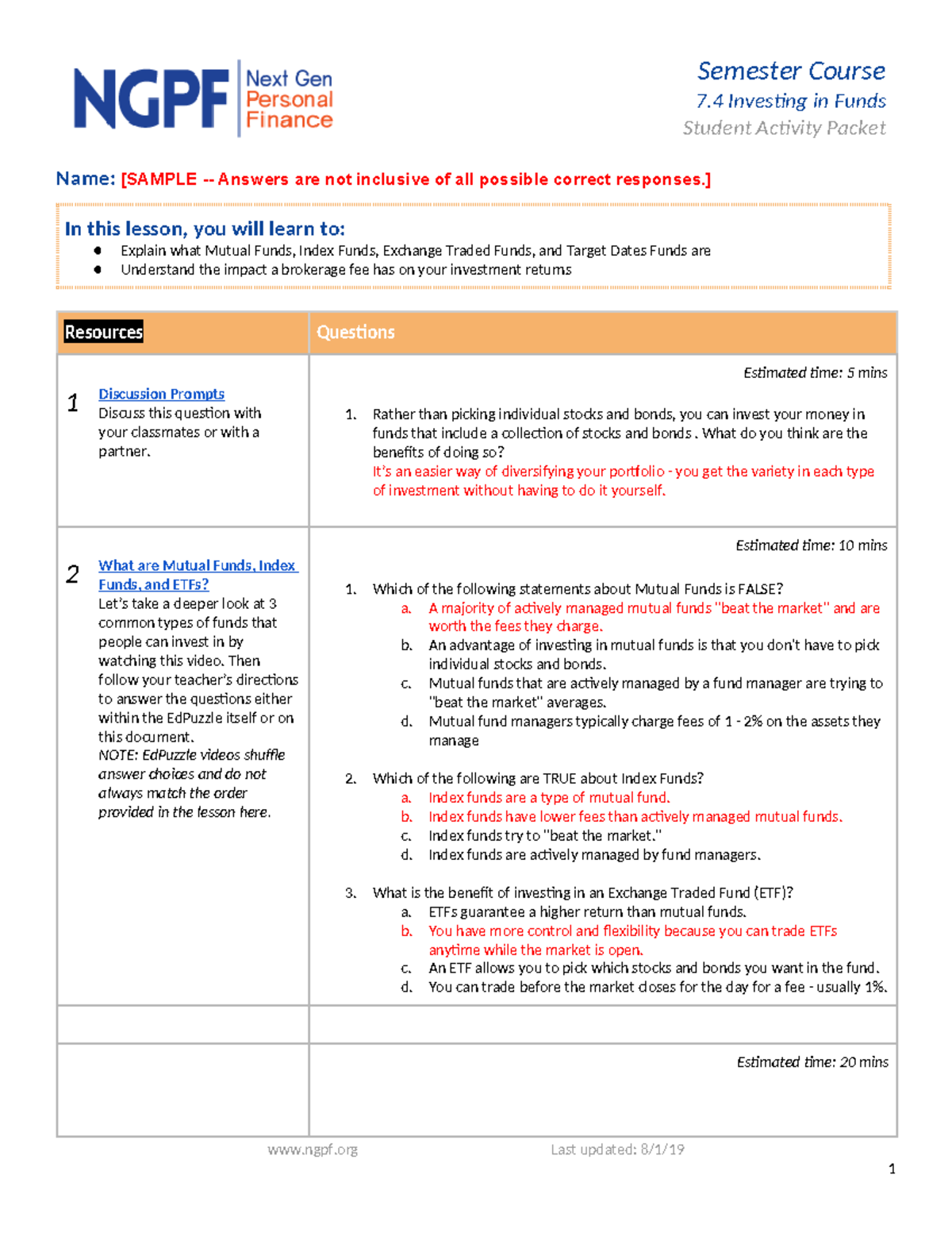 Sample completed student activity packet sc-7 - Semester Course 7 ...