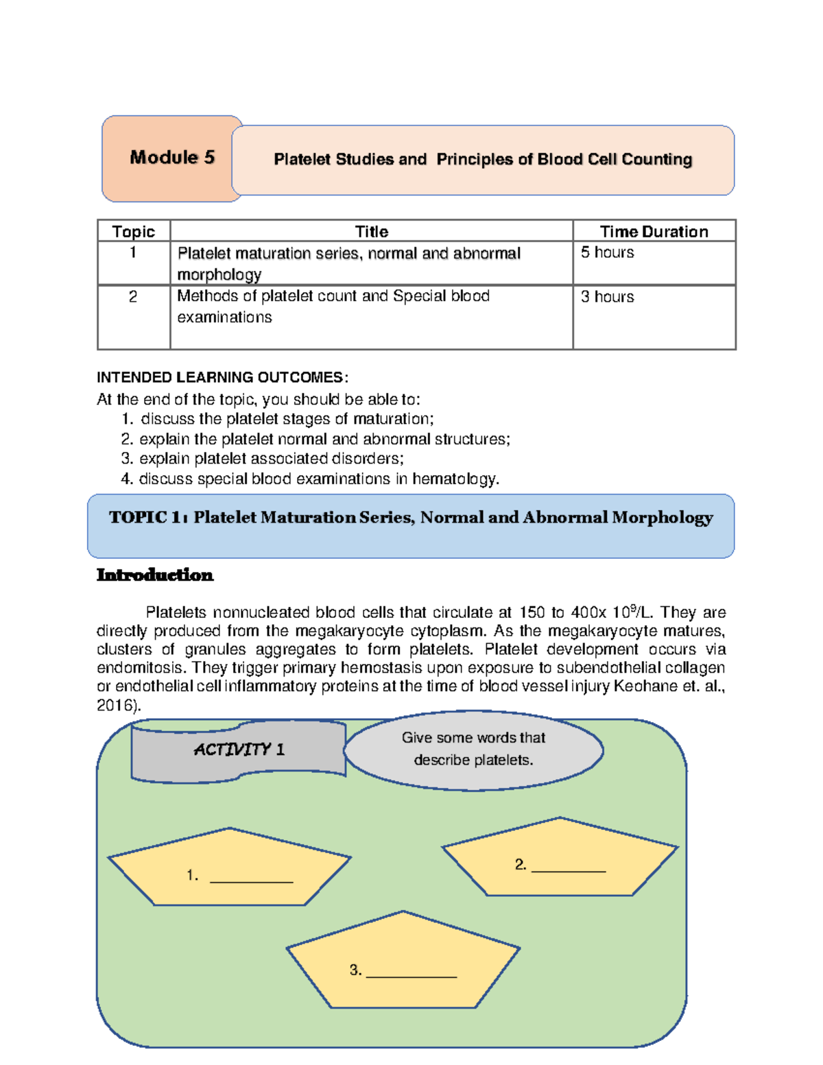 Module 5- Platelet Studies and Principles of Blood Cell Counting ...