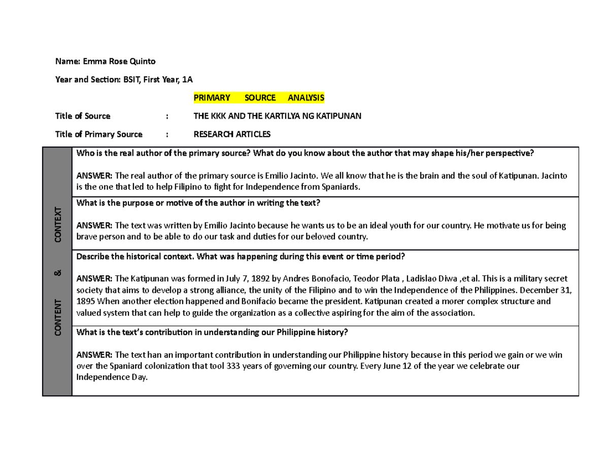 Activity 3 Primary Source Analysis - Name: Emma Rose Quinto Year and ...