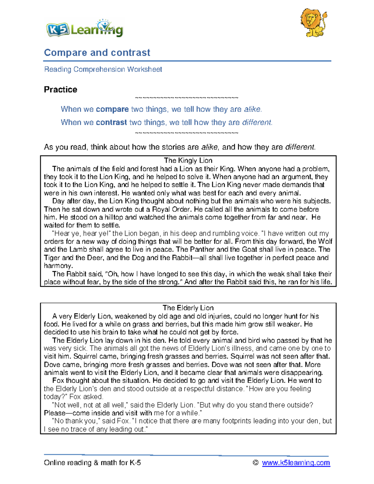 Grade 5 compare contrast a - Online reading & math for K-5 © k5learning ...