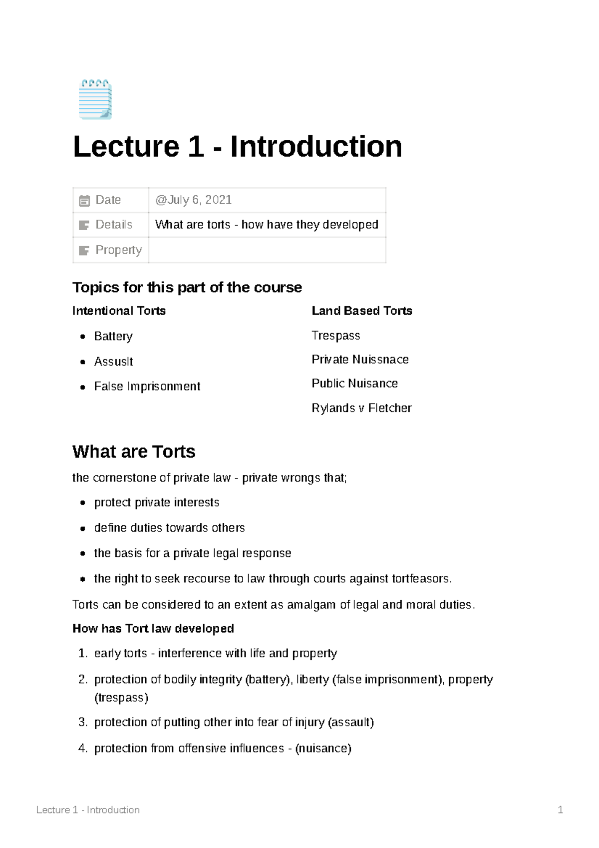 Introduction to Personal Torts - Lecture 1 - Introduction 1 🗒 Lecture 1 ...