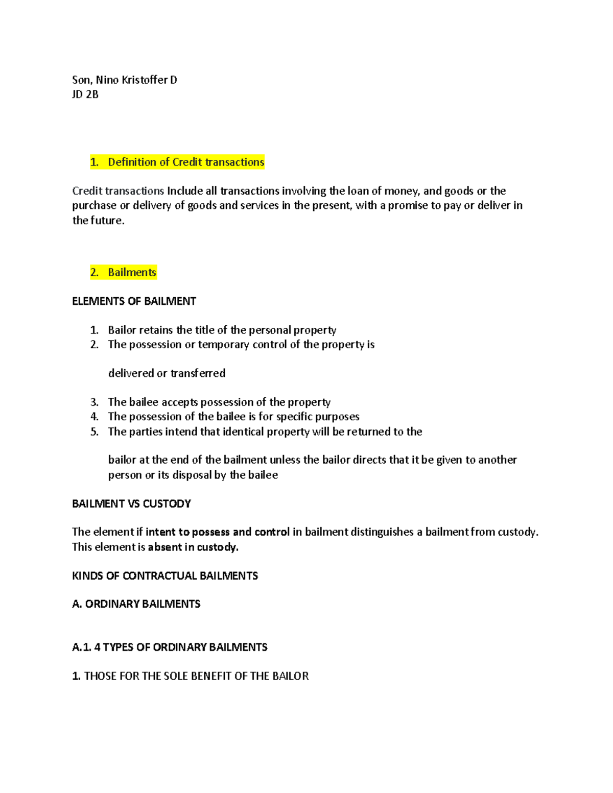 Cred trans notes 1 - Son, Nino Kristoffer D JD 2B Definition of Credit ...