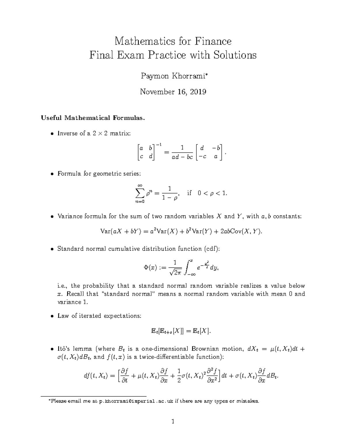 Final-exam-practice - Maths for Finance - Mathematics for Finance Final ...