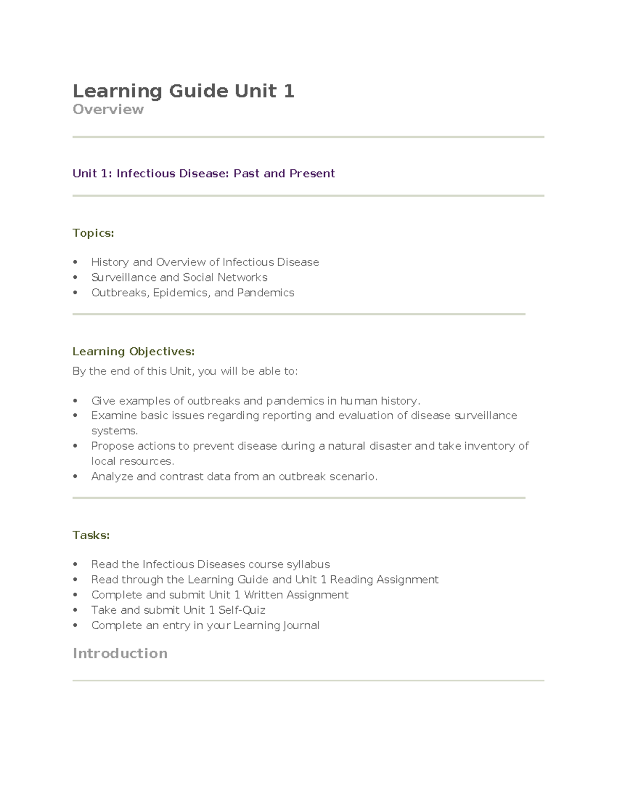 Learning Guide Unit 1 - Not Applicable - Learning Guide Unit 1 Overview Unit 1: Infectious ...