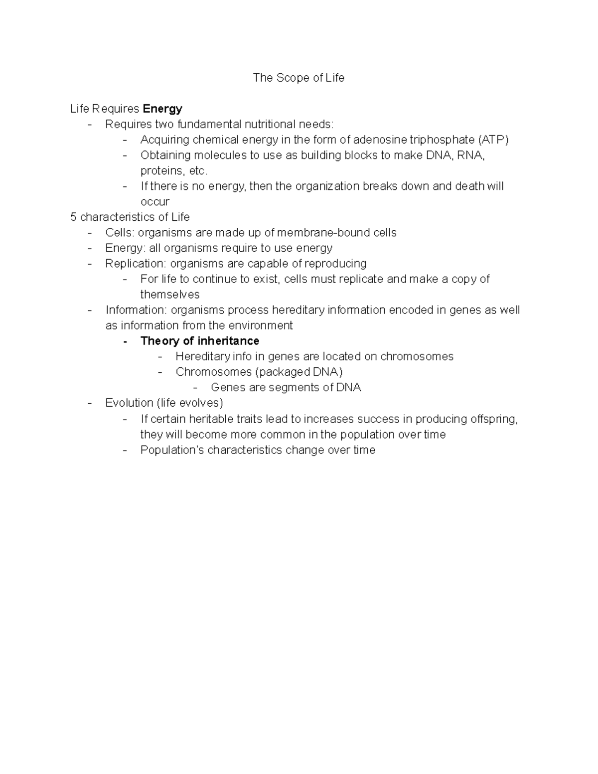 Bios 120 - the scope of life unit 1 - The Scope of Life Life Requires ...