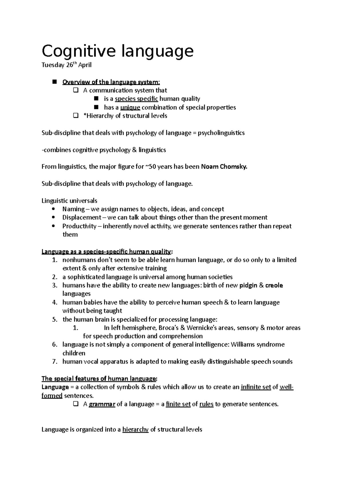 Cognitive language - Cognitive language Tuesday 26th April n Overview ...