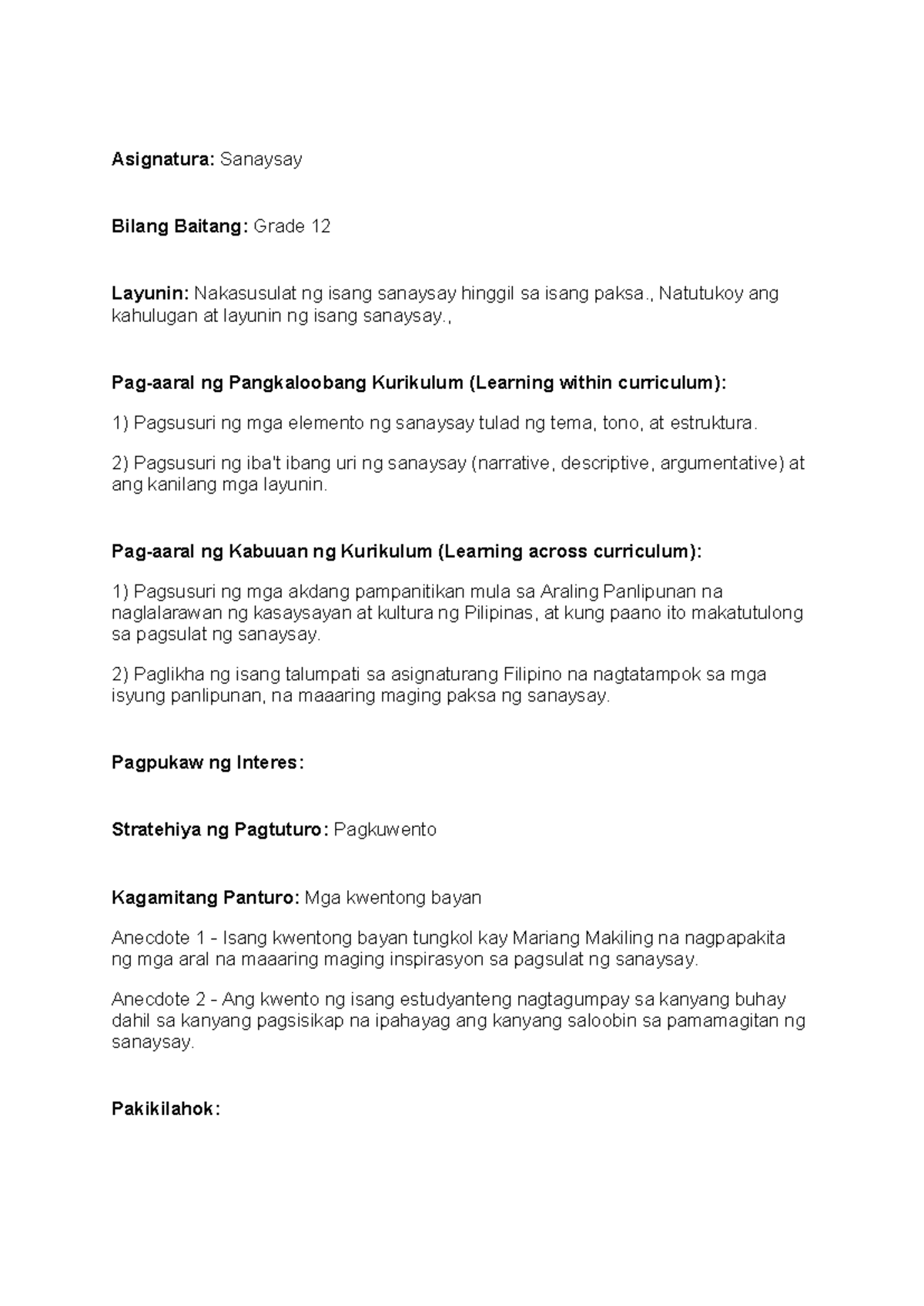 Lesson plan - Pagsusuri sa sitwasyong pangwika - Asignatura: Sanaysay ...