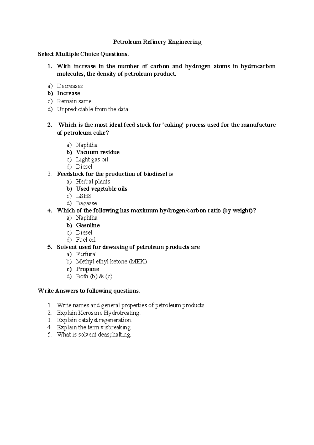 Paper - abc - Petroleum Refinery Engineering Select Multiple Choice ...