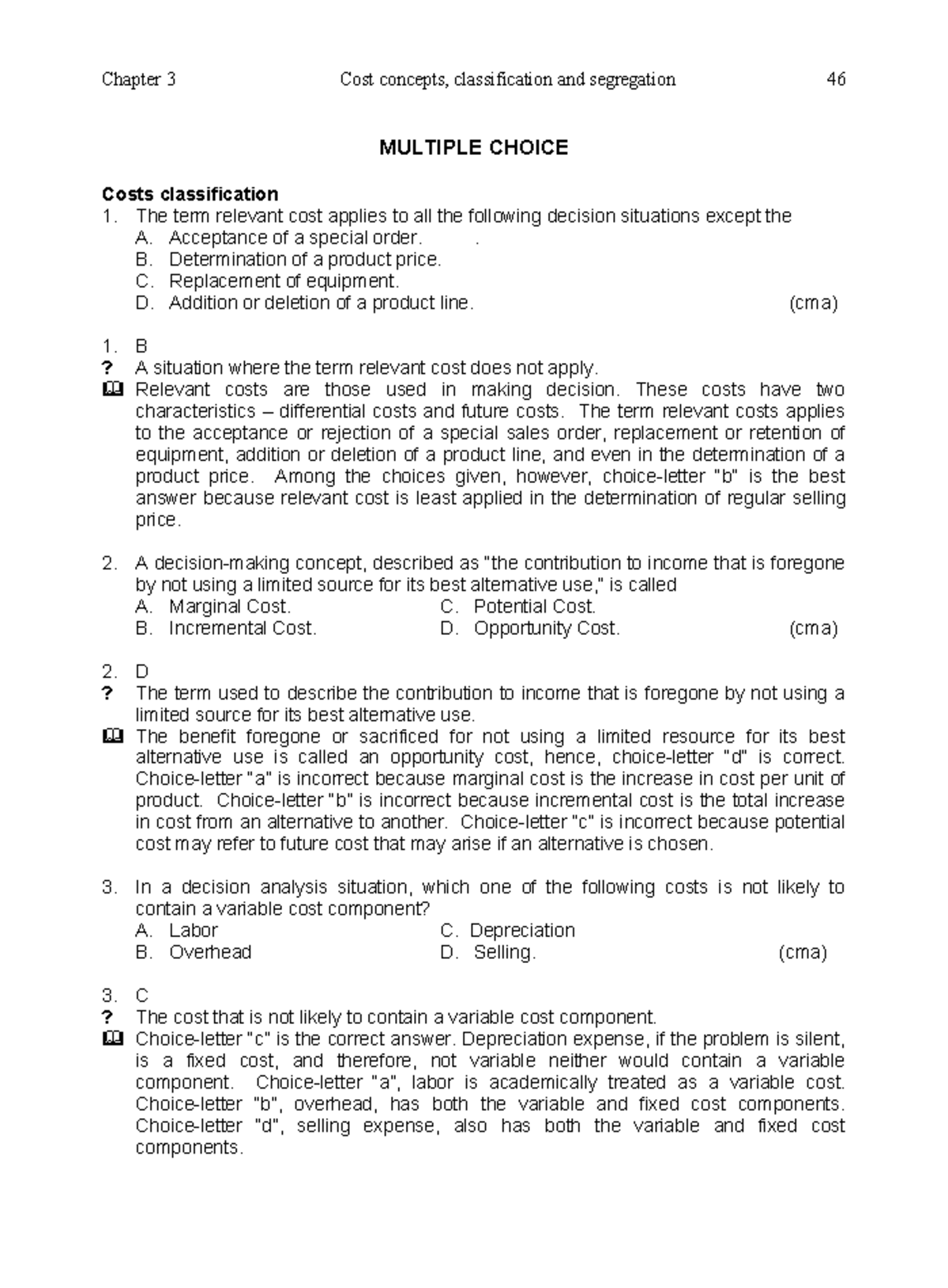 Pdfcoffee - For educational purposes only - MULTIPLE CHOICE Costs classification The term ...