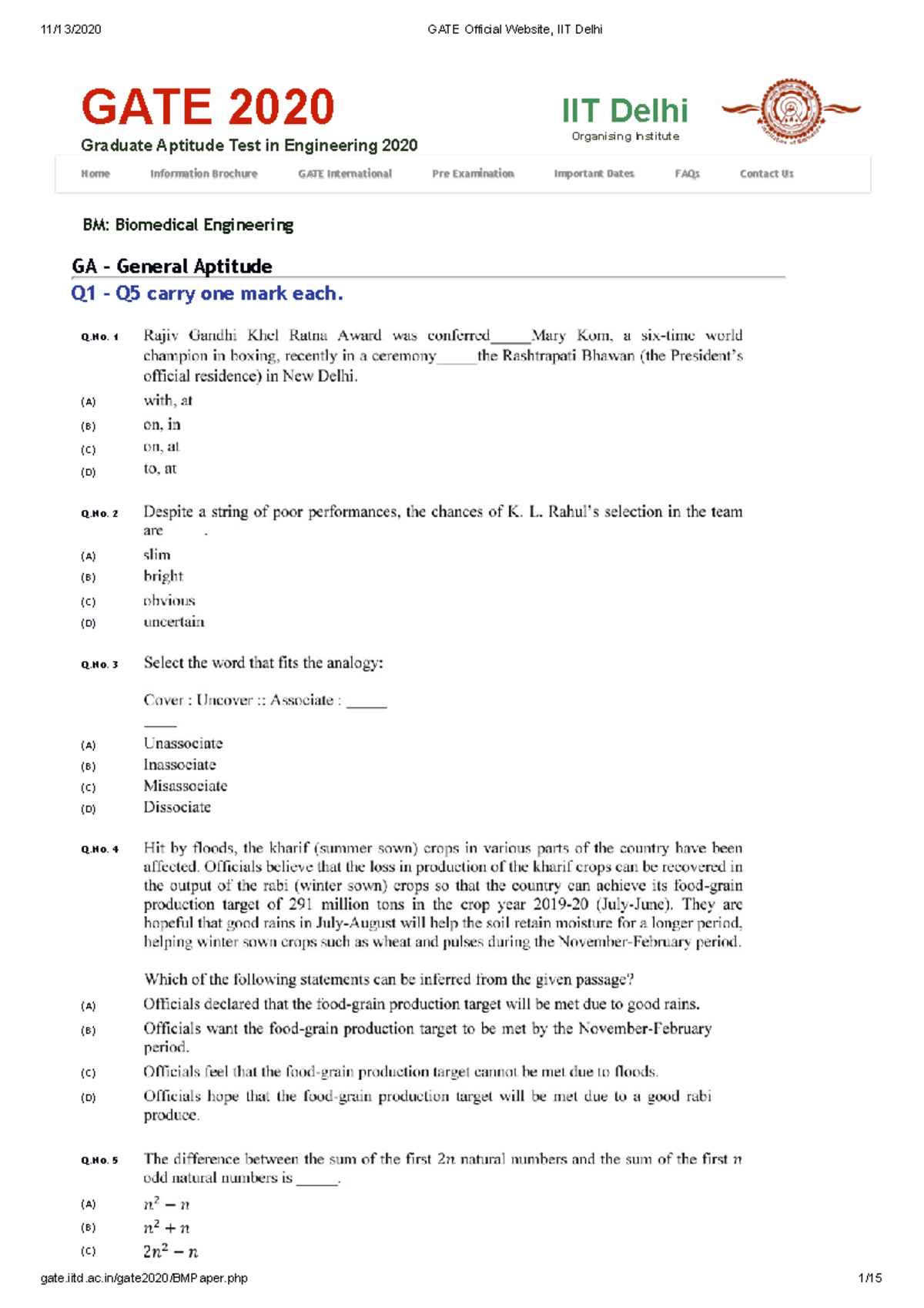 BM-GATE-2020 - GATE exam - GA - General Aptitude Q1 - Q5 carry one mark ...