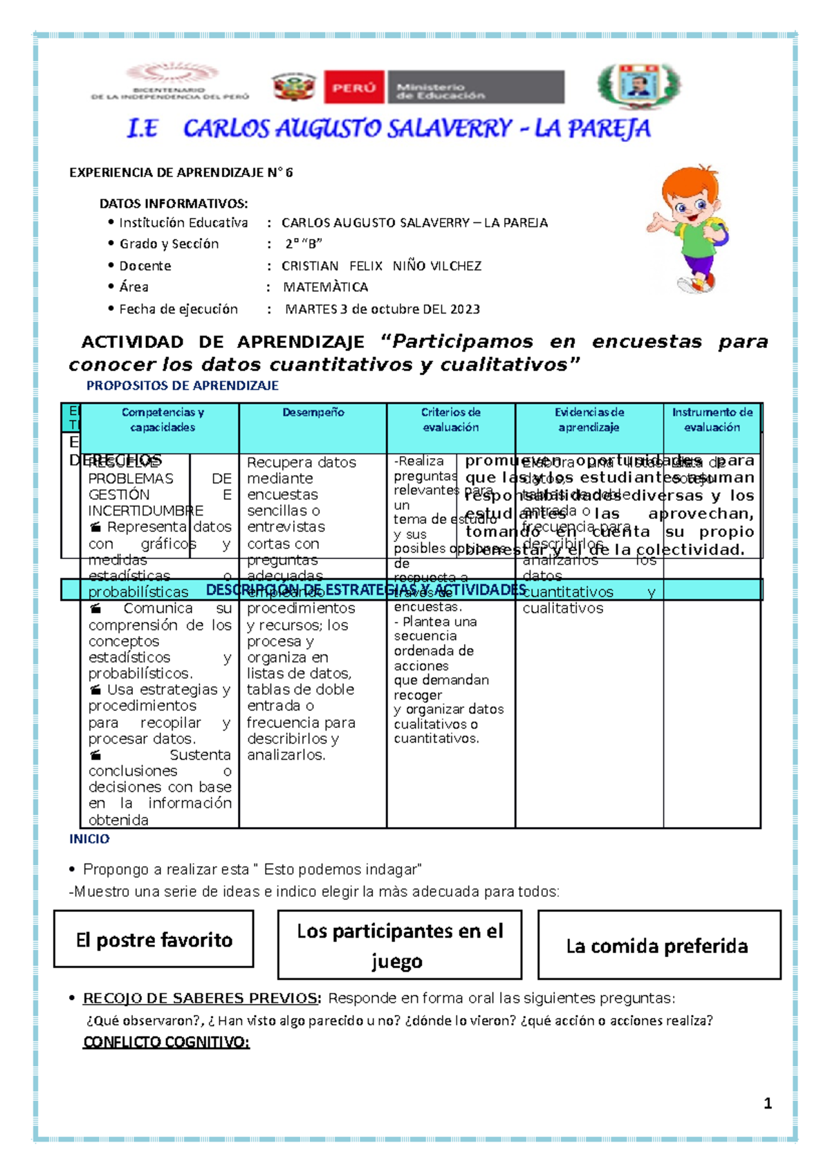 Ses ps- MATE 3 de octubre - EXPERIENCIA DE APRENDIZAJE N° 6 DATOS ...