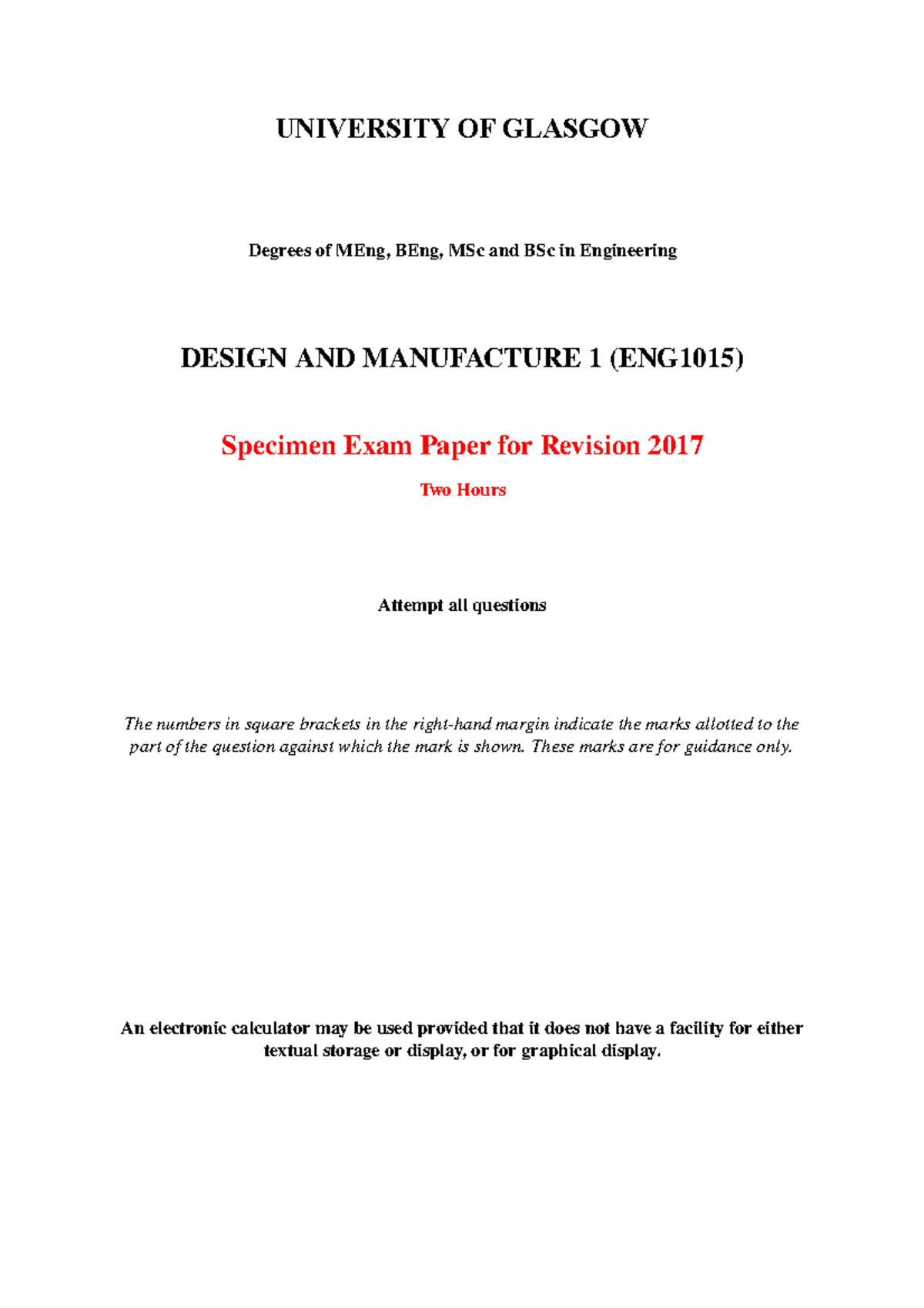 Specimen Exam Questions - UNIVERSITY OF GLASGOW Degrees of MEng, BEng ...